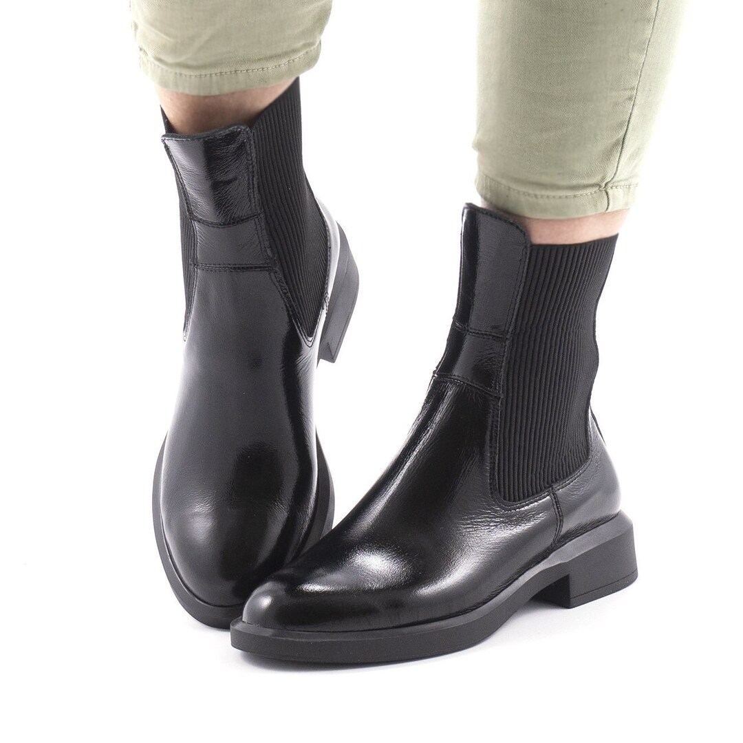 Boots With Elastic Band Upper Part in Black Color Natural Patent ...