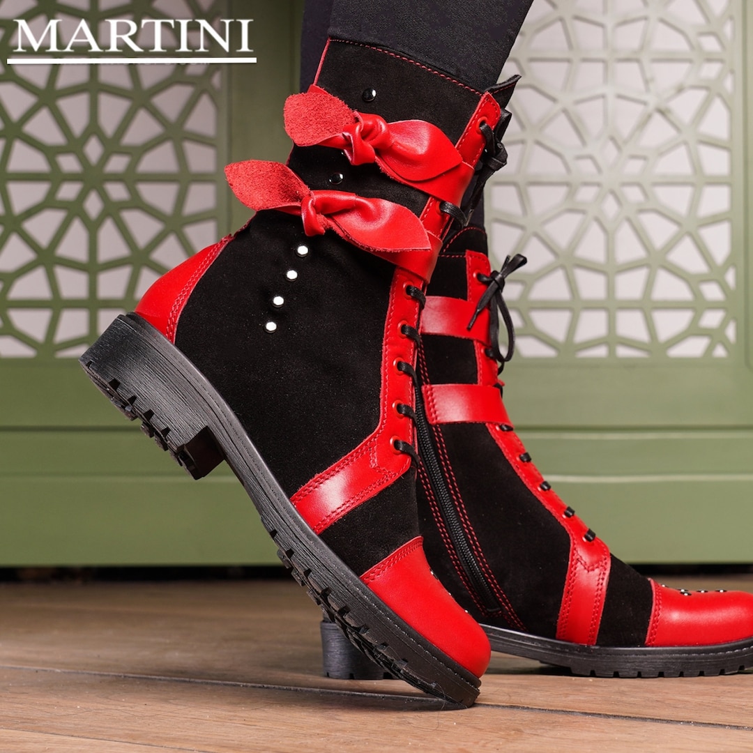 Women Combat Boots ~ Boots With Red Ribbons ~ Genuine Leather Boots ...