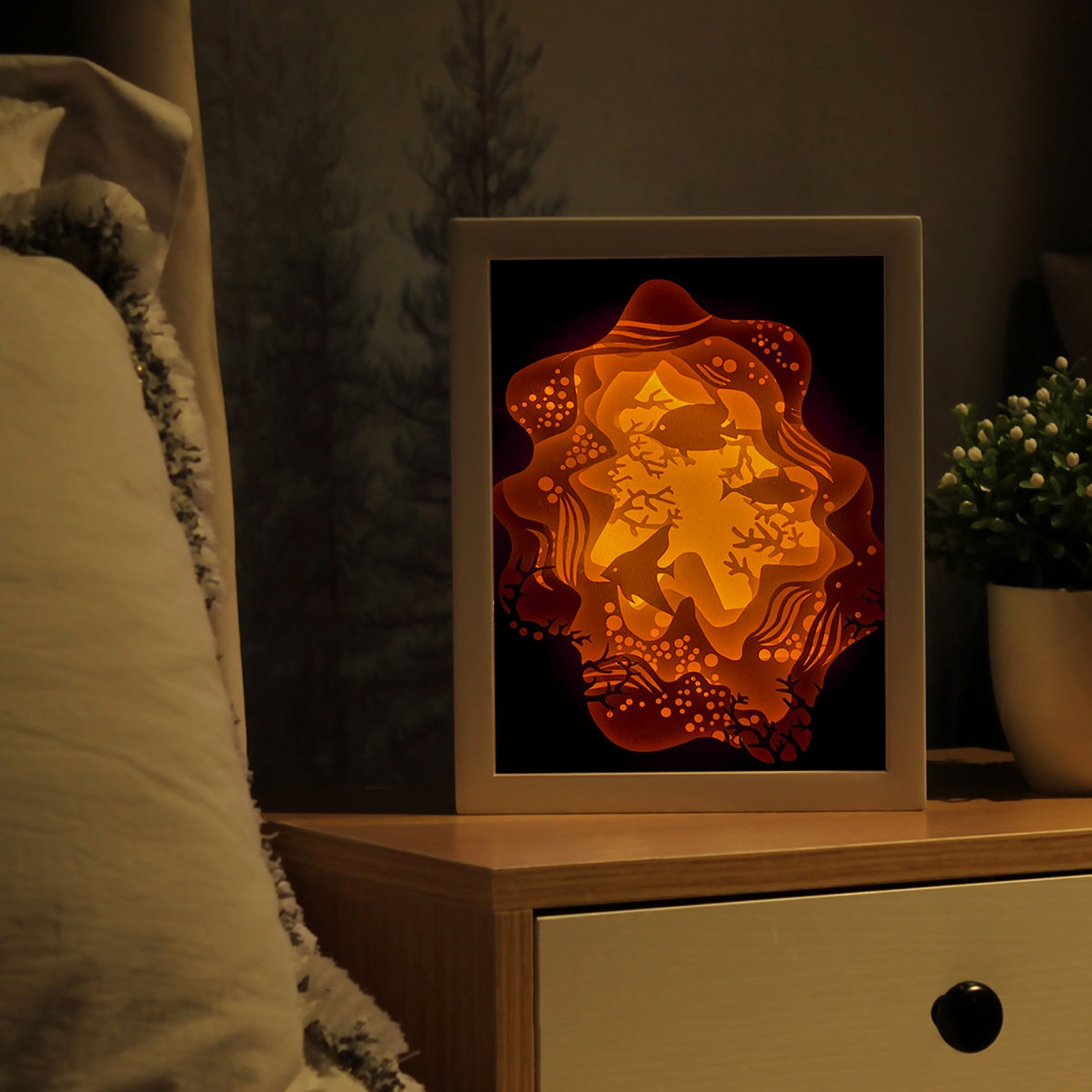 Ocean Paper Cut Light Box Template SVG [free Size], Light Box Paper Cut ...