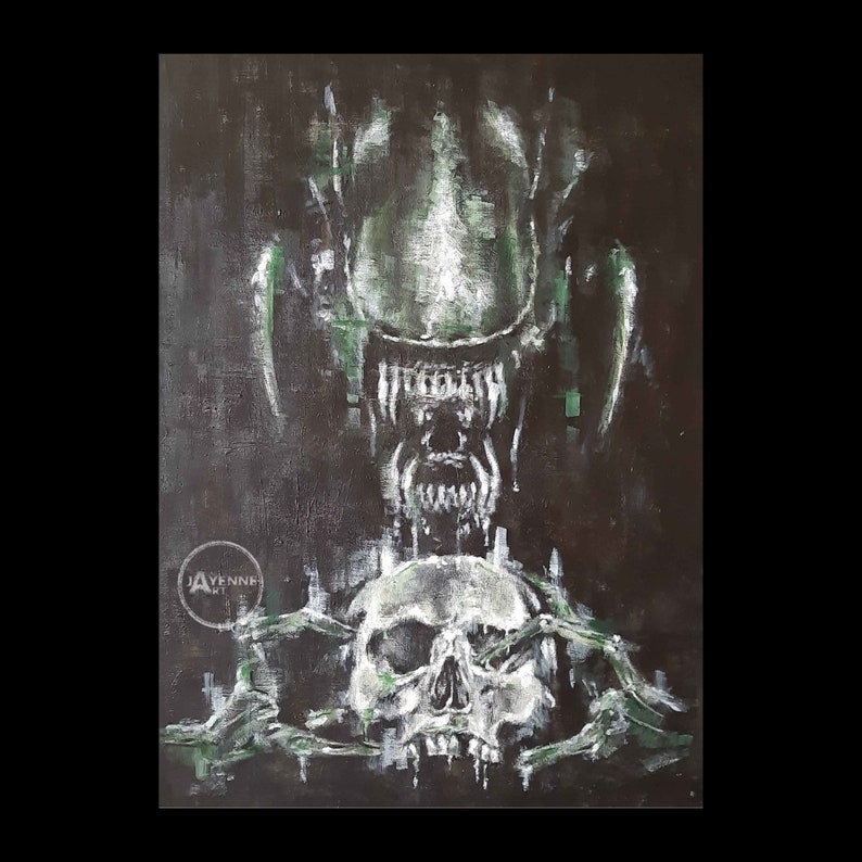 Alien Xenomorph and Skull: Original Framed Acrylic Painting - Etsy