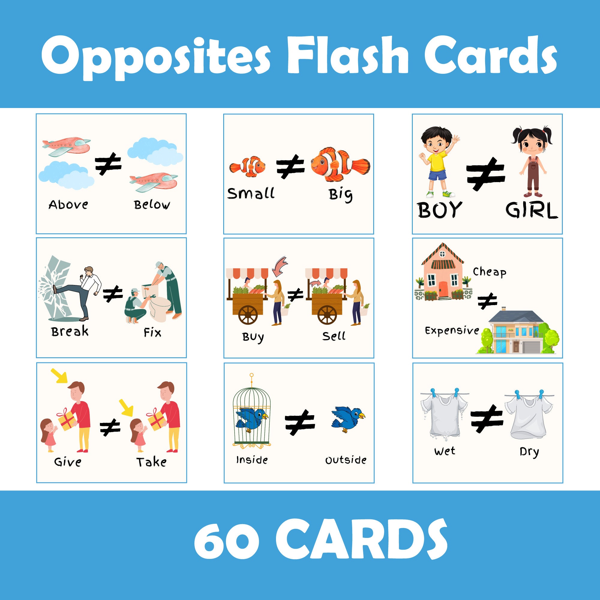 Opposite Flash Cards, Preschool, Kindergarten, First Grade, Special ...