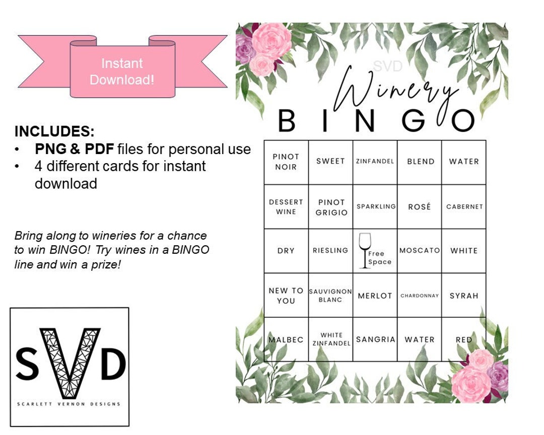 Winery Bingo Printable | Wine Bingo | Wine Tasting | Wine Games | Girls ...