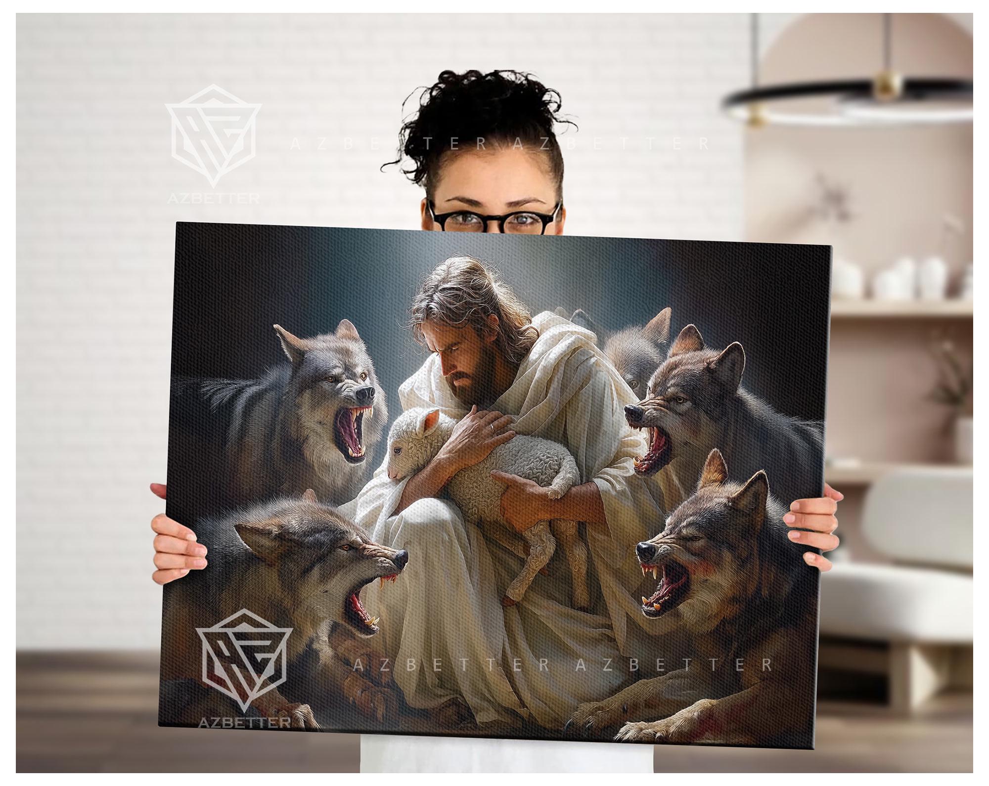 Jesus Christ Protector Wall Art Canvas, Holding Lamb Safe From Wolves ...