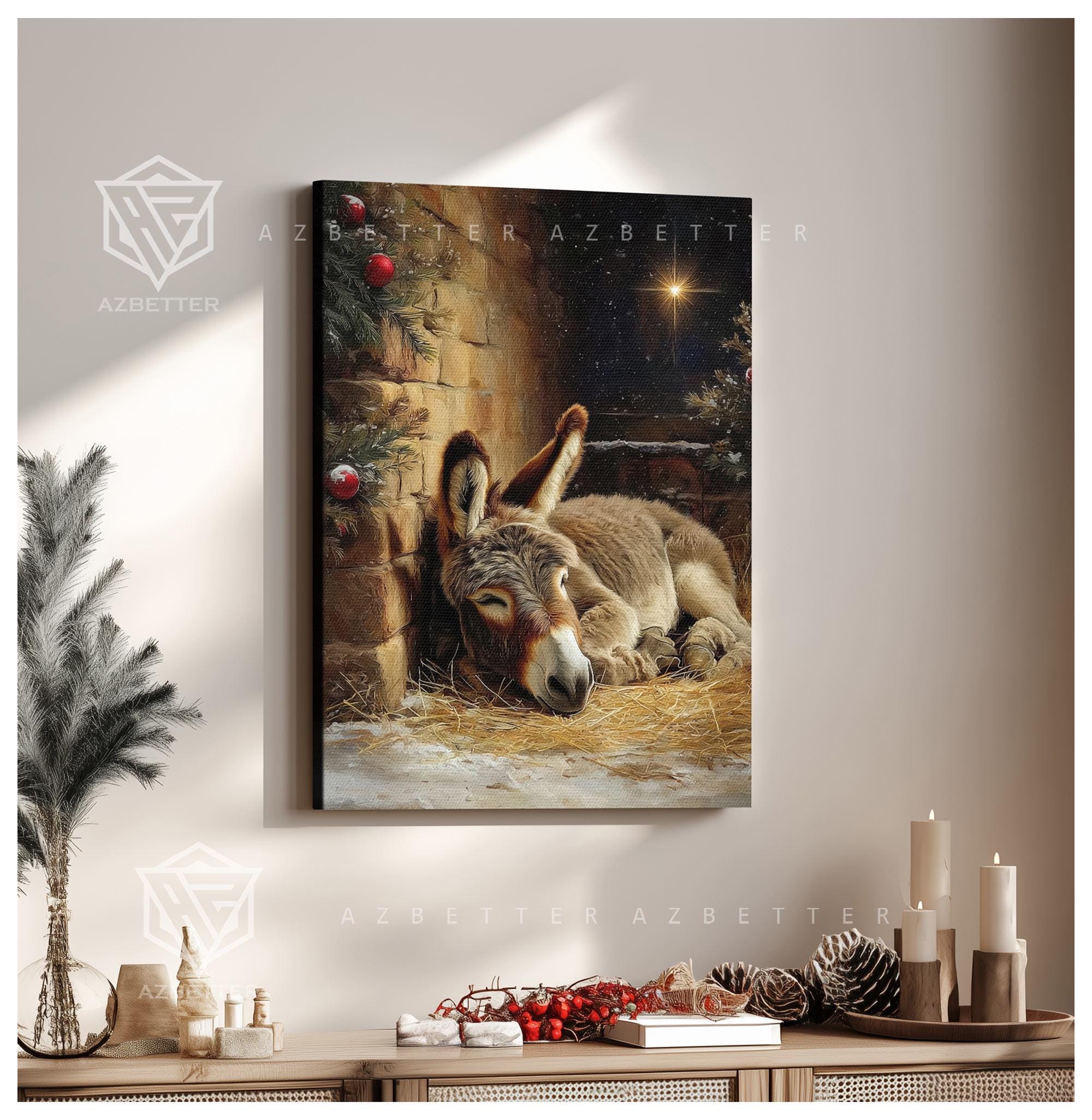 Donkey in Nativity Scene Canvas – Christmas Donkey Wall Art – Religious ...