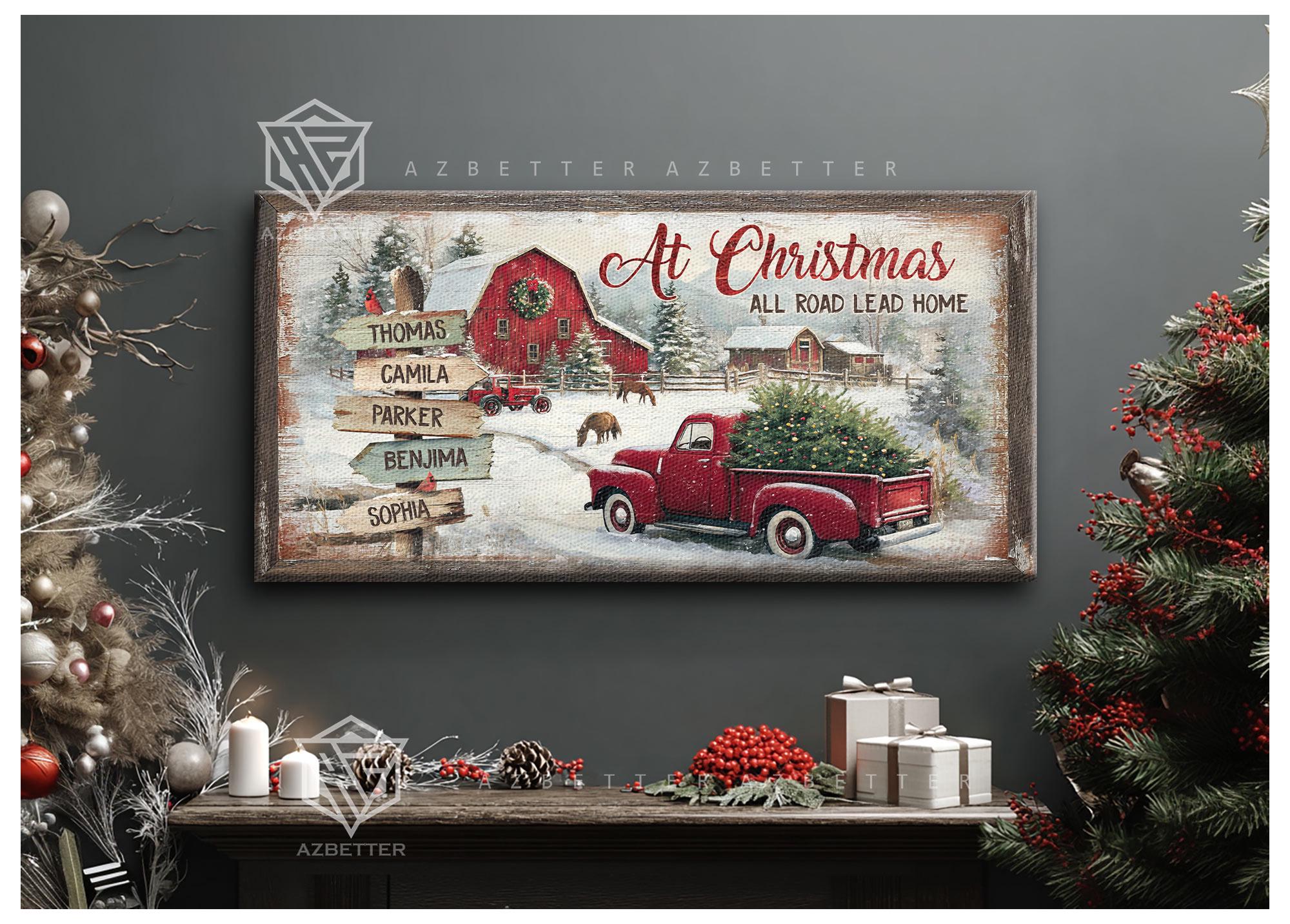 Personalized at Christmas All Road Lead Home Farmhouse Red Truck Canvas ...