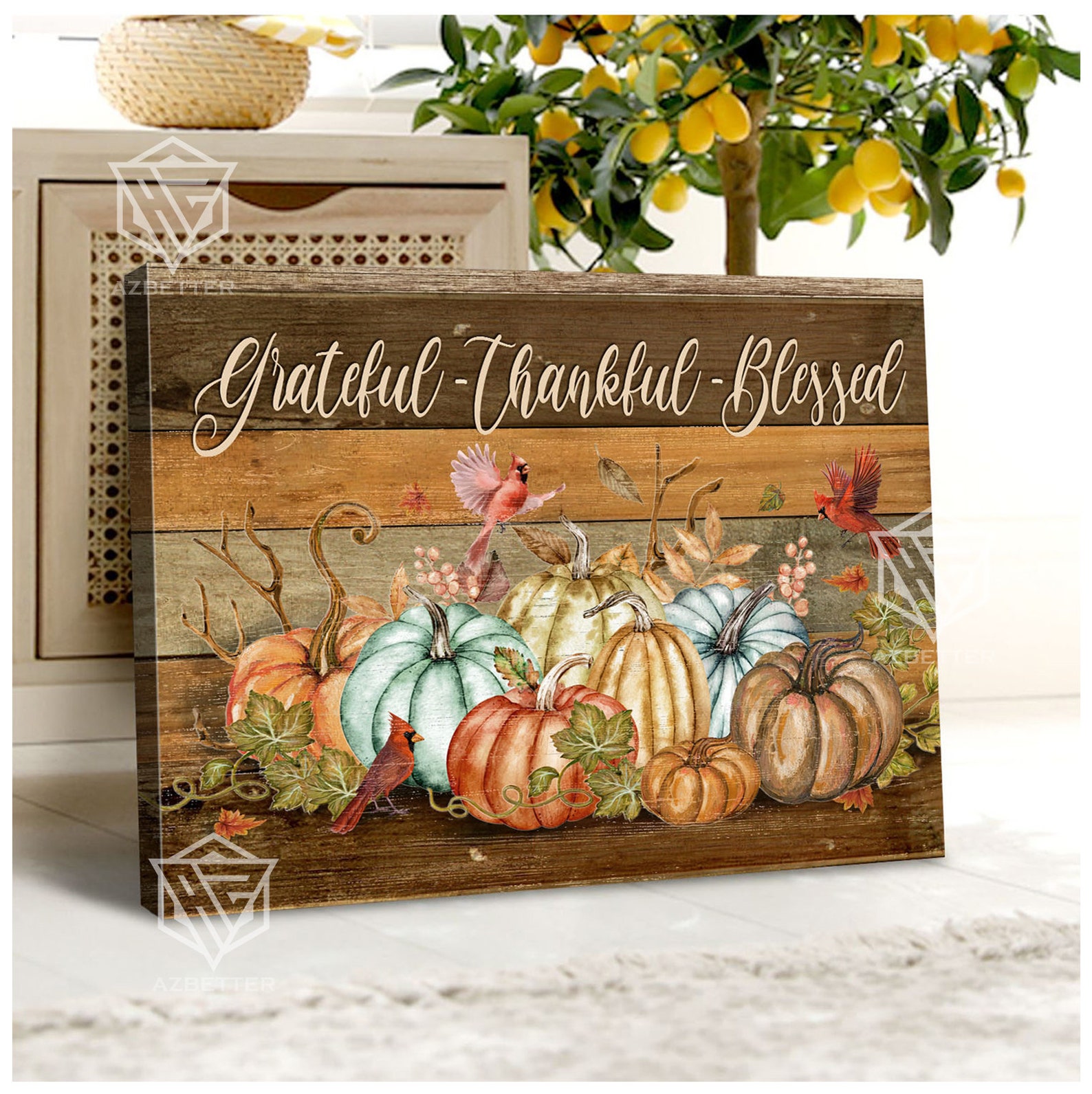 Grateful Thankful Blessed Canvas Prints, Thanksgiving Wall Art, Autumn ...