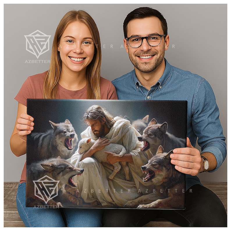 Jesus Christ Protector Wall Art Canvas, Holding Lamb Safe From Wolves ...
