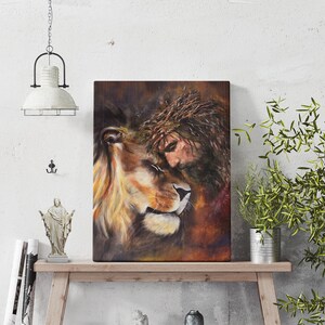 Lion and Jesus Art Painting Canvas, God Wall Art Home Decor, Gift for ...