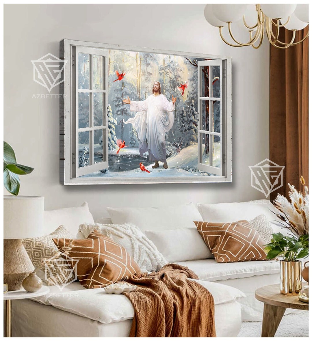 Canvas Window Frame, Cardinal With Jesus Into the Winter Forest, Church ...
