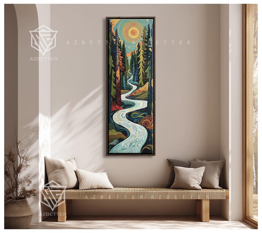 Tall Skinny River Landscape Canvas, Vertical Forest Wall Art, Modern ...