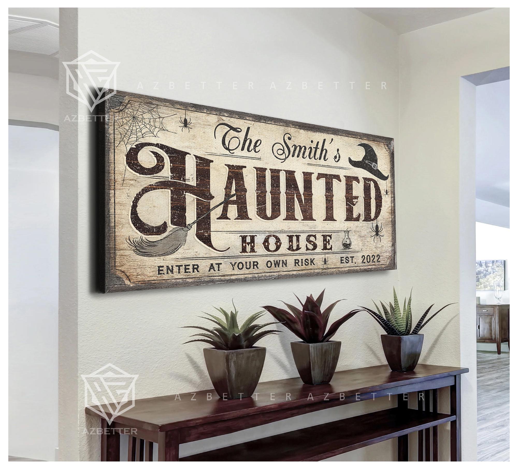 Personalized Haunted House Sign – Custom Family Name Halloween Canvas ...