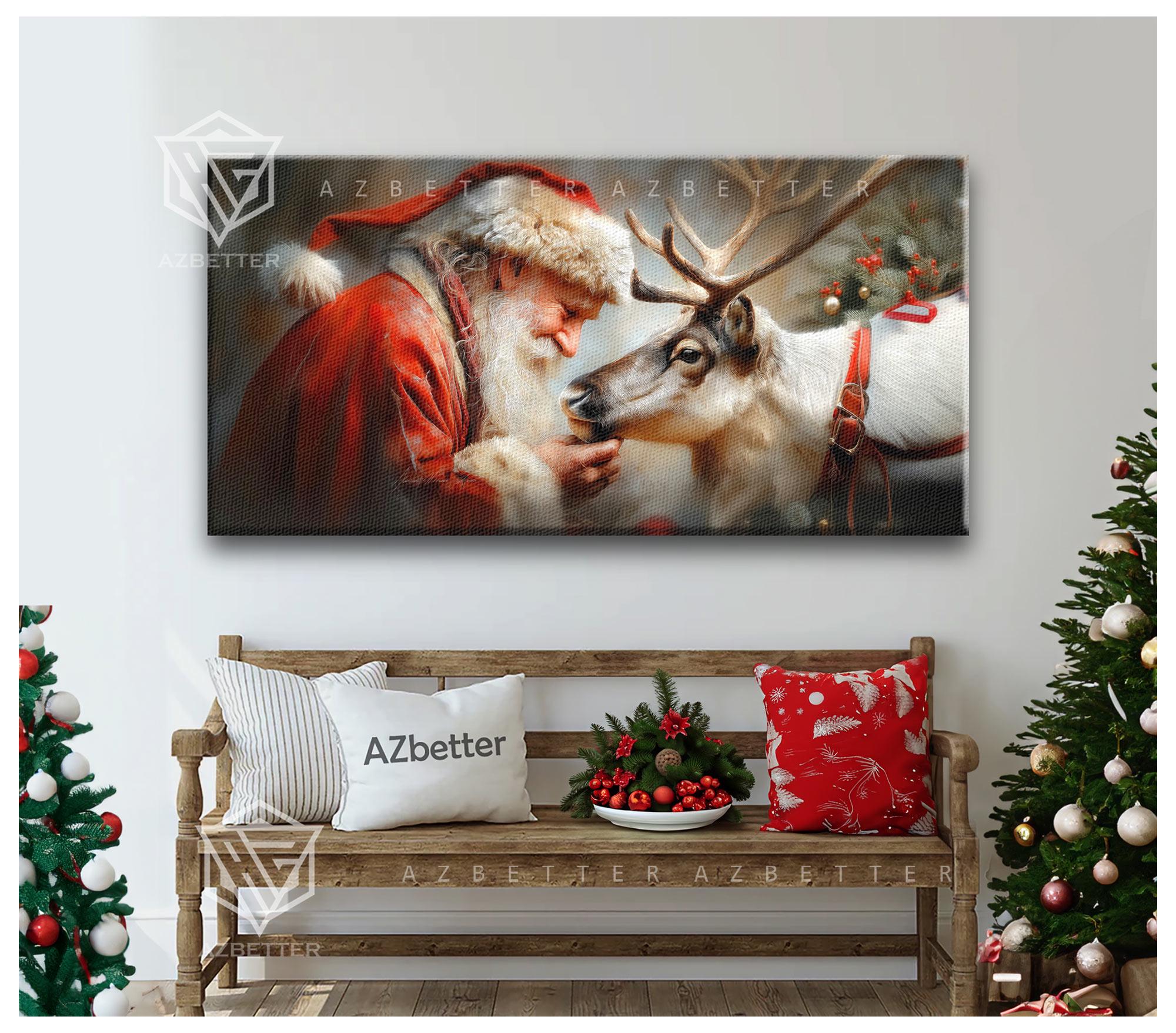 Large Panoramic Christmas Canvas Art, Santa and Reindeer Print ...