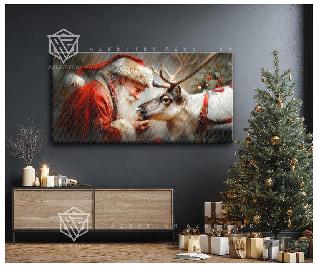 Large Panoramic Christmas Canvas Art, Santa and Reindeer Print ...