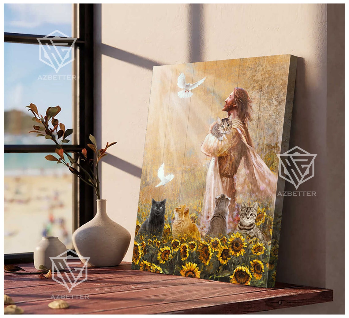 Cats With Jesus Canvas, God Wall Art, Christian Home Decor, Cat Lover ...