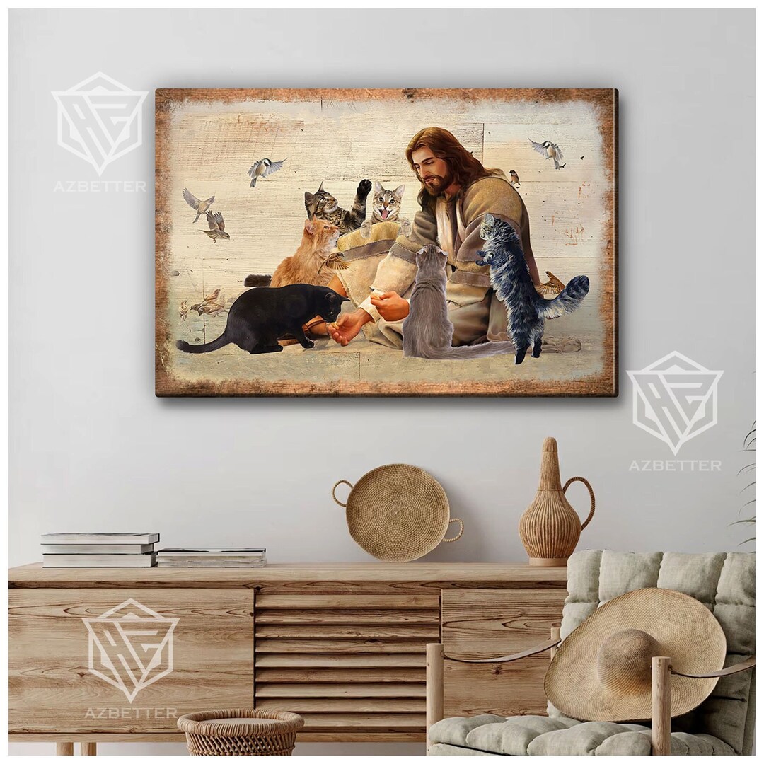 God Surrounded by Cats Canvas, Jesus Landscape, Christian Home Decor ...