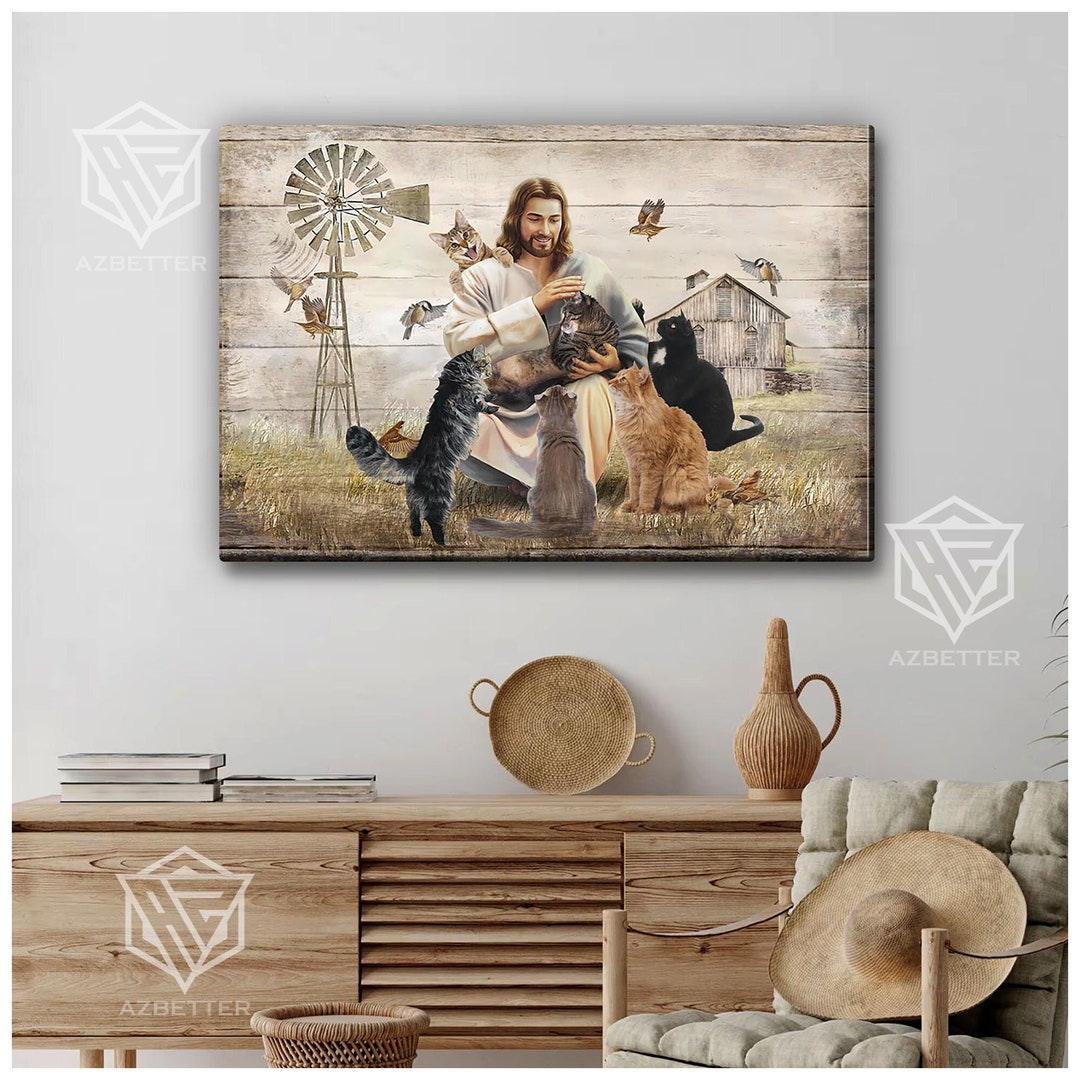 Jesus Landscape - God Surrounded by Cats Canvas, Christian Home Decor ...