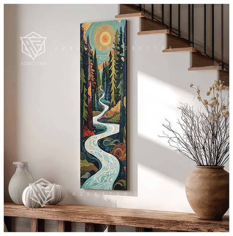 Tall Skinny River Landscape Canvas, Vertical Forest Wall Art, Modern ...