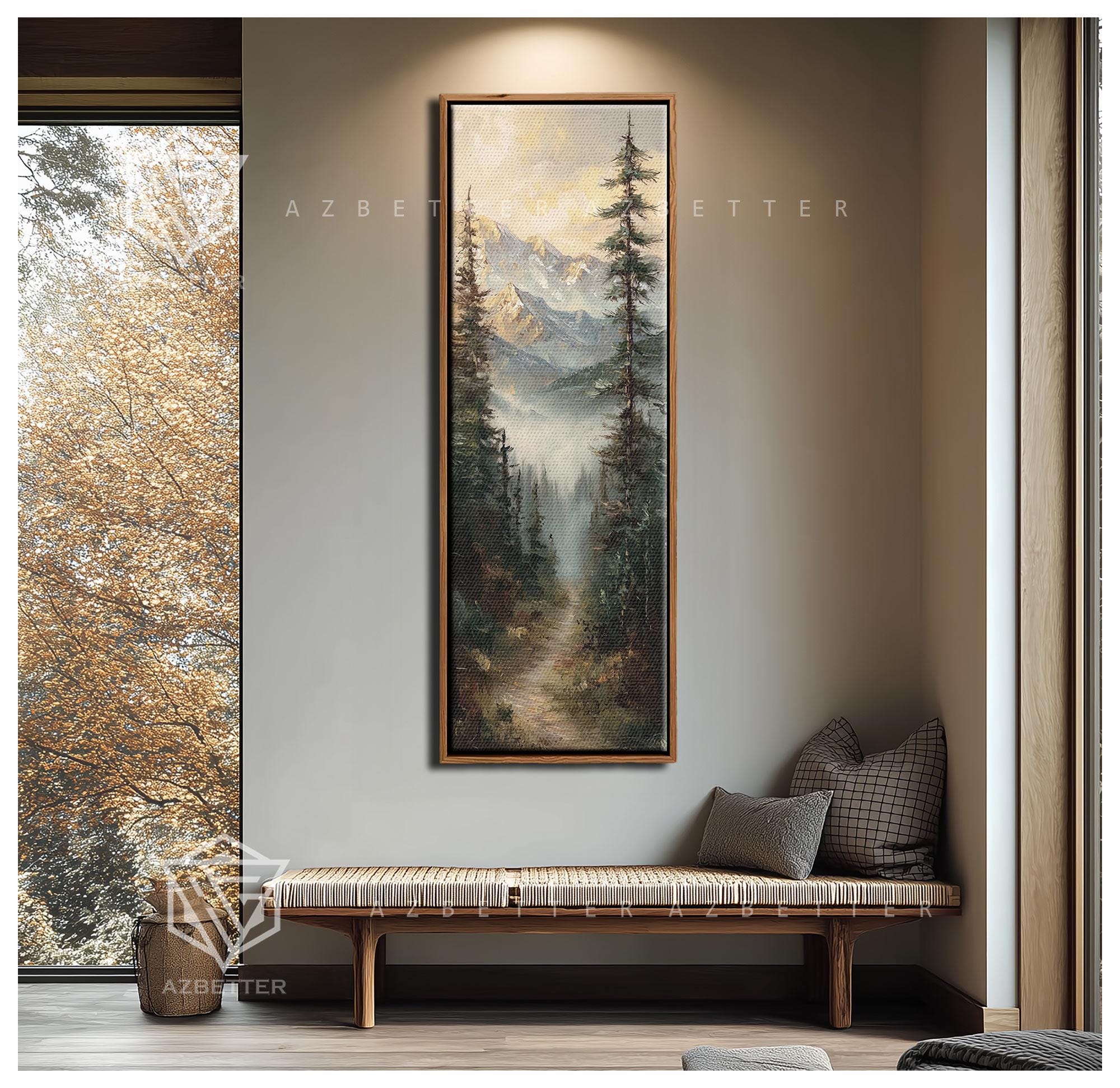 Mountain Forest Path Painting on Canvas, Tall Vertical Landscape Wall ...