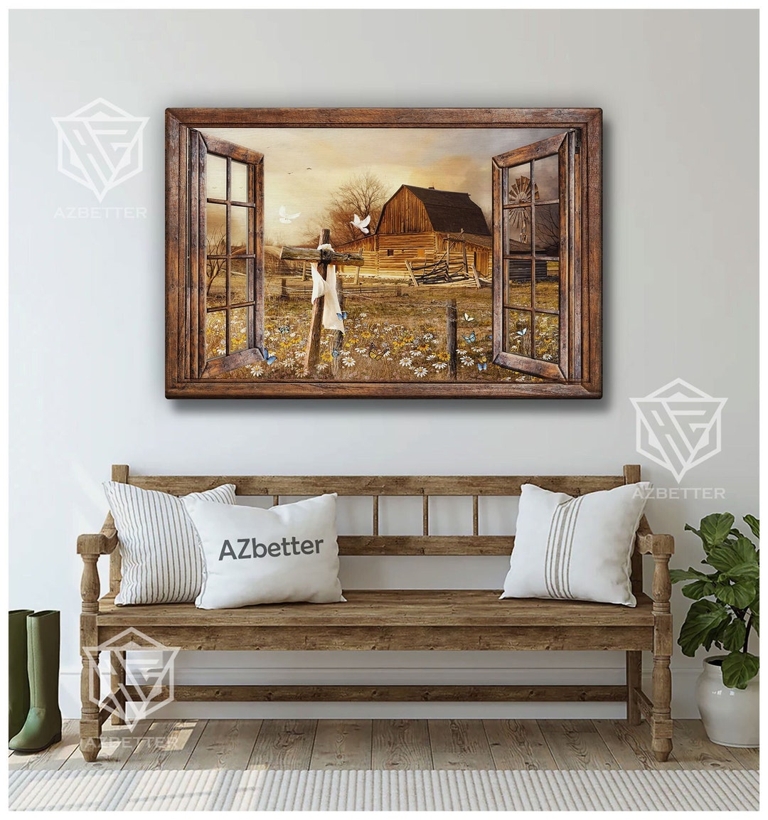 Window Frame Canvas, Countryside Landscape, Farmhouse Wall Decor, Old ...