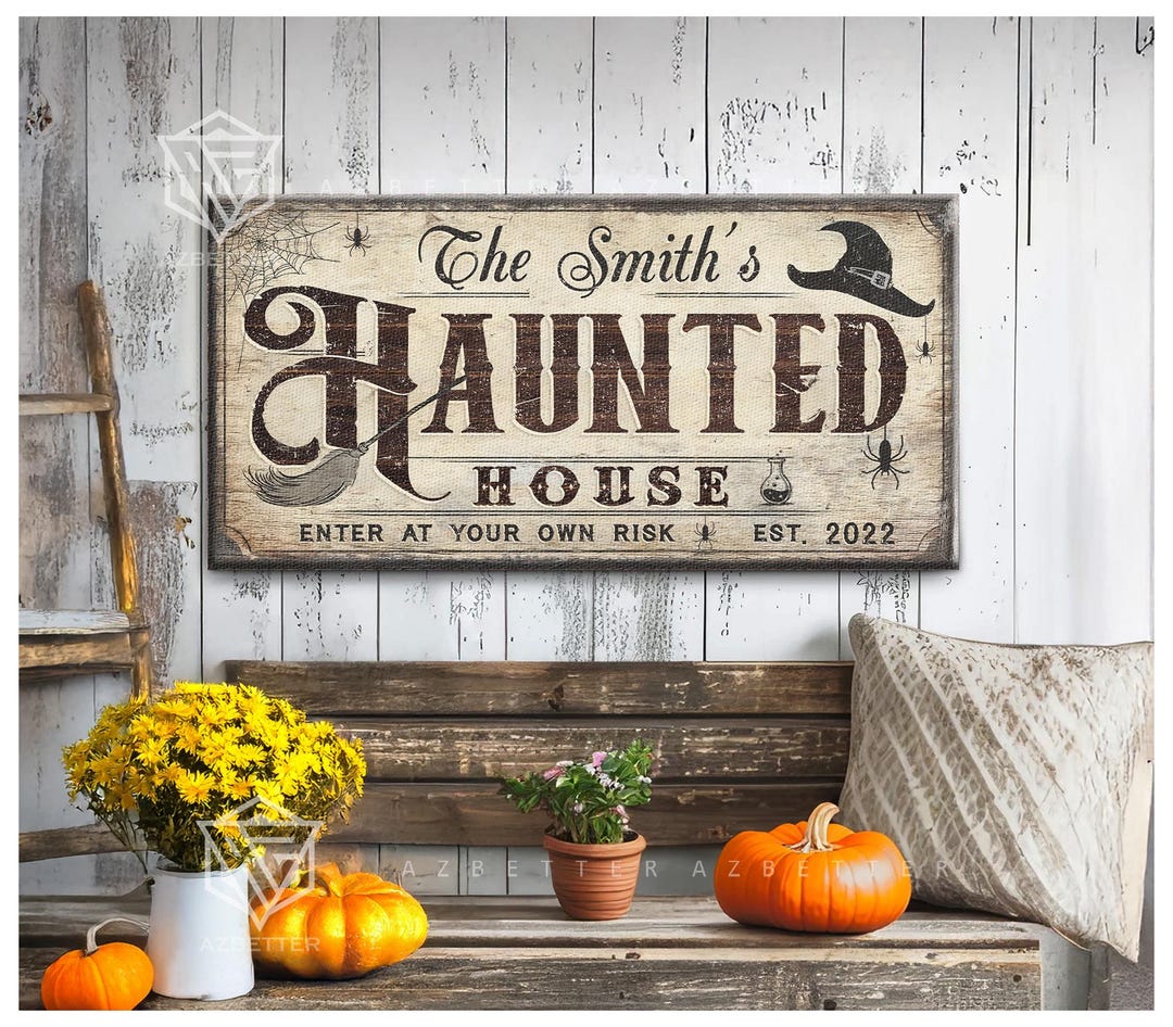 Personalized Haunted House Sign – Custom Family Name Halloween Canvas ...