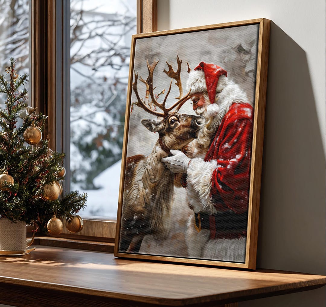 Santa Claus With Reindeer Canvas Art, Christmas 2025 Wall Decor, Oil ...