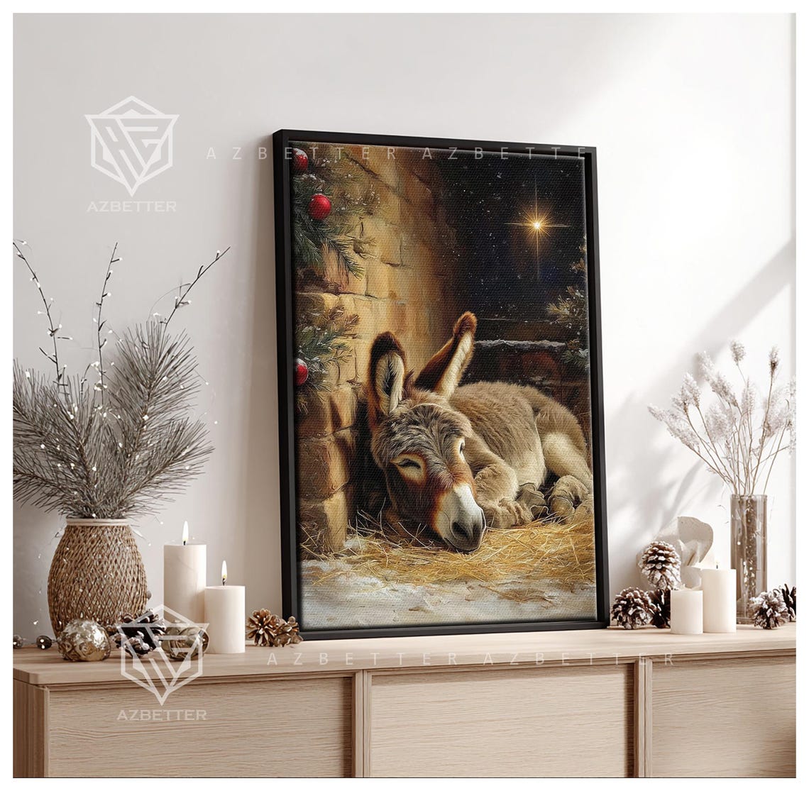 Donkey in Nativity Scene Canvas – Christmas Donkey Wall Art – Religious ...