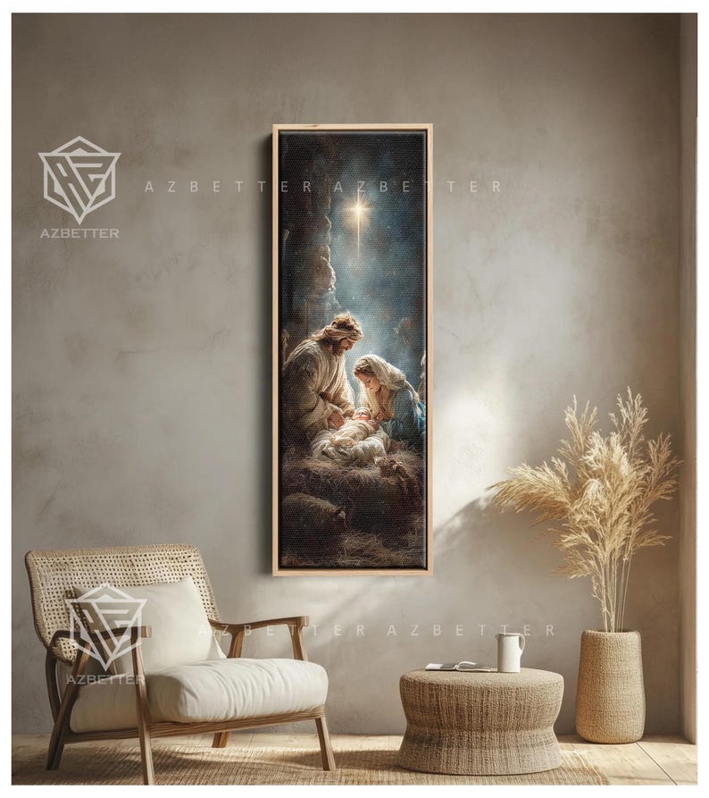 Vertical Christmas Nativity Scene Canvas Wall Art | Holy Family With ...
