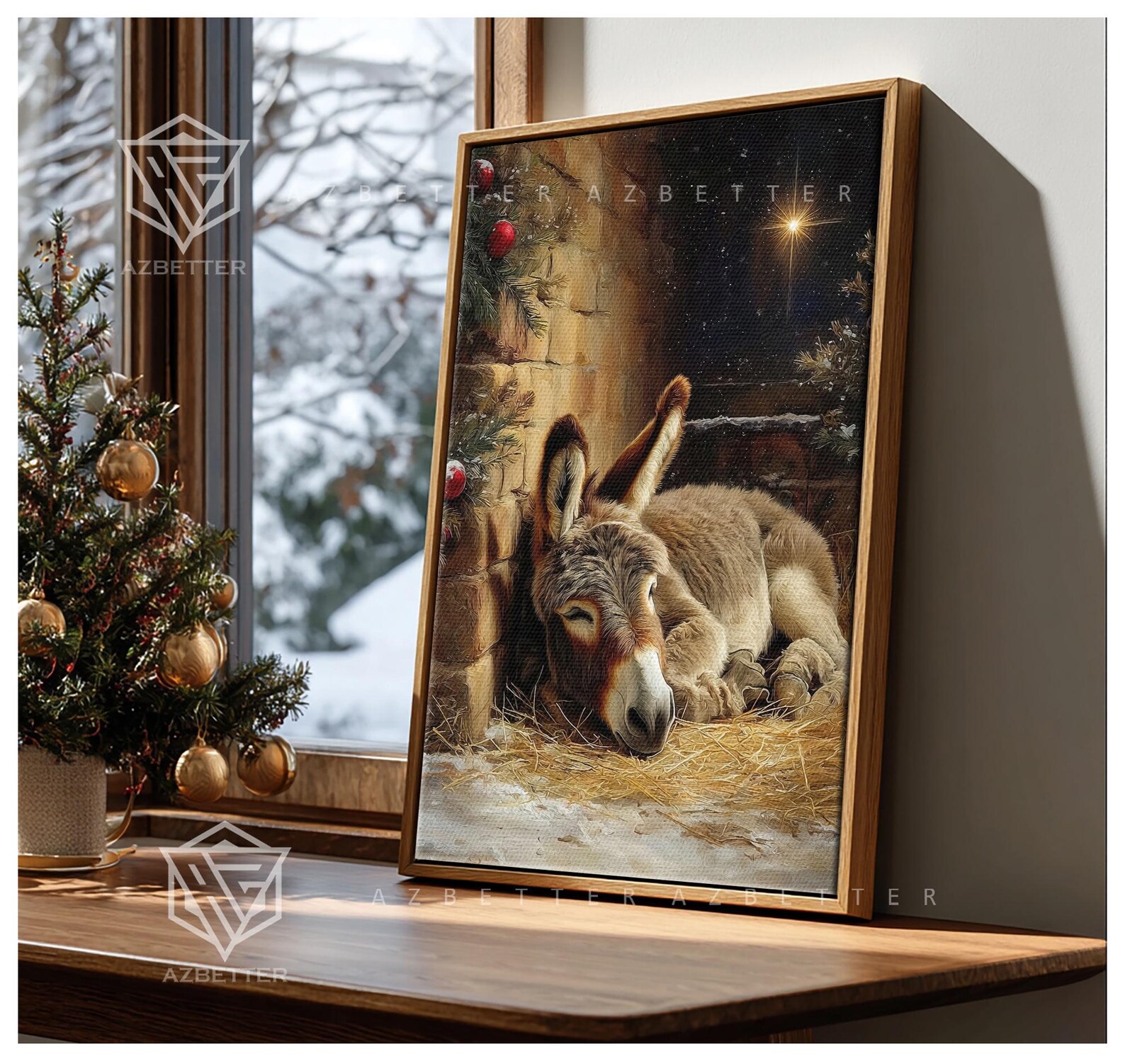 Donkey in Nativity Scene Canvas – Christmas Donkey Wall Art – Religious ...