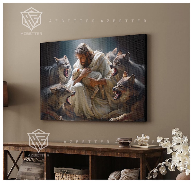 Jesus Christ Protector Wall Art Canvas, Holding Lamb Safe From Wolves ...