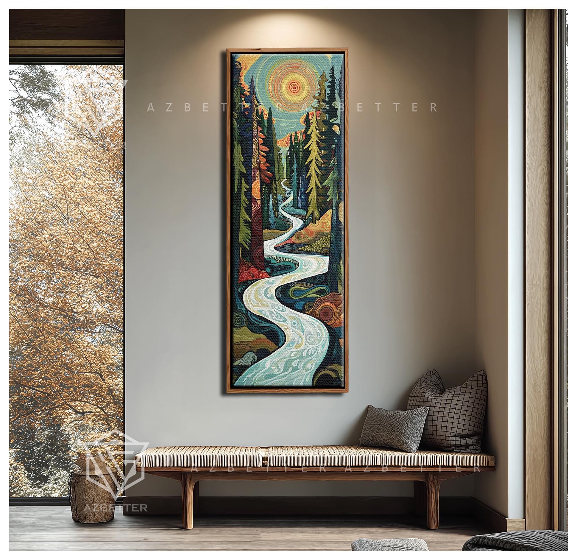 Tall Skinny River Landscape Canvas, Vertical Forest Wall Art, Modern ...