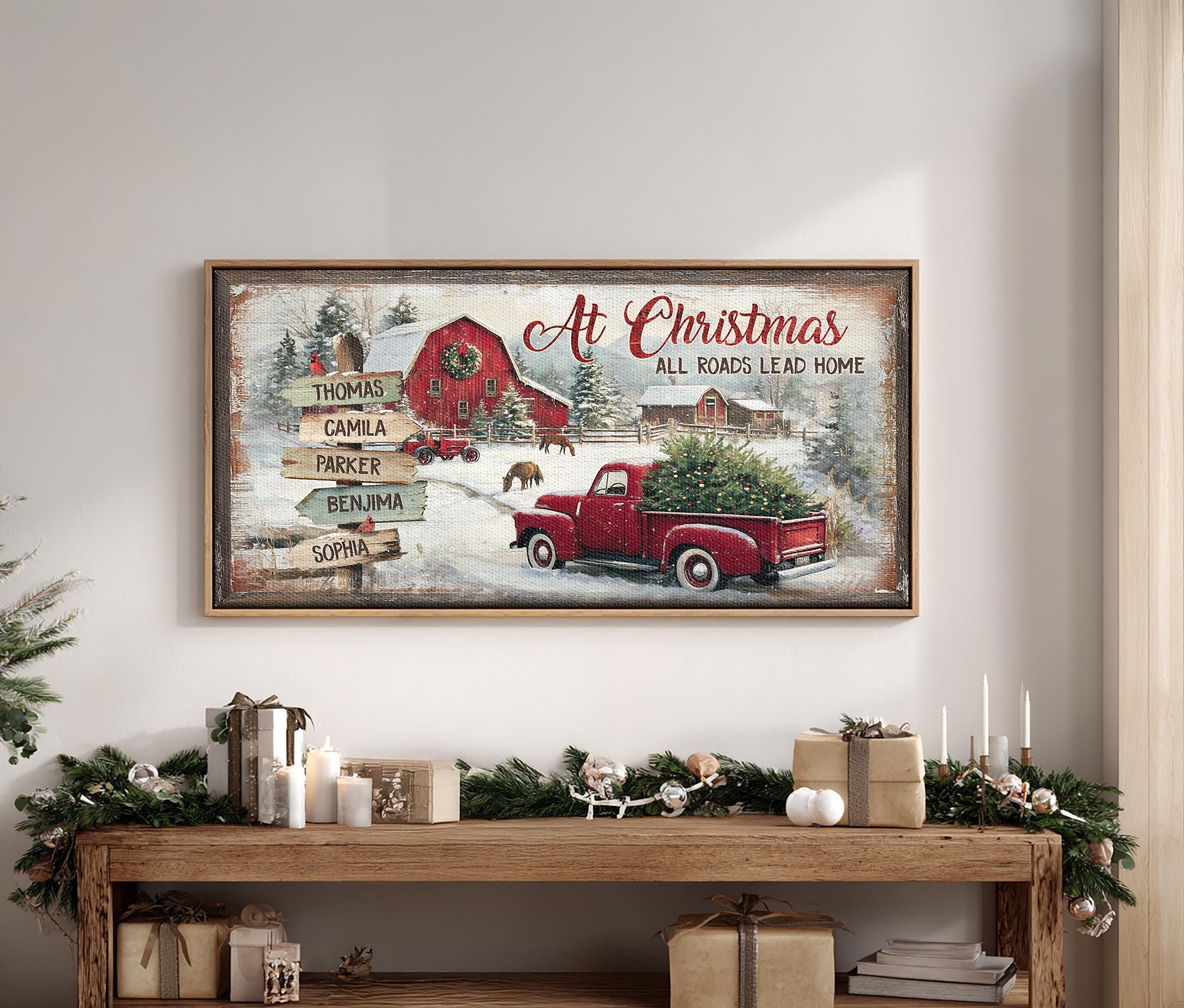 Personalized at Christmas All Road Lead Home Farmhouse Red Truck Canvas ...