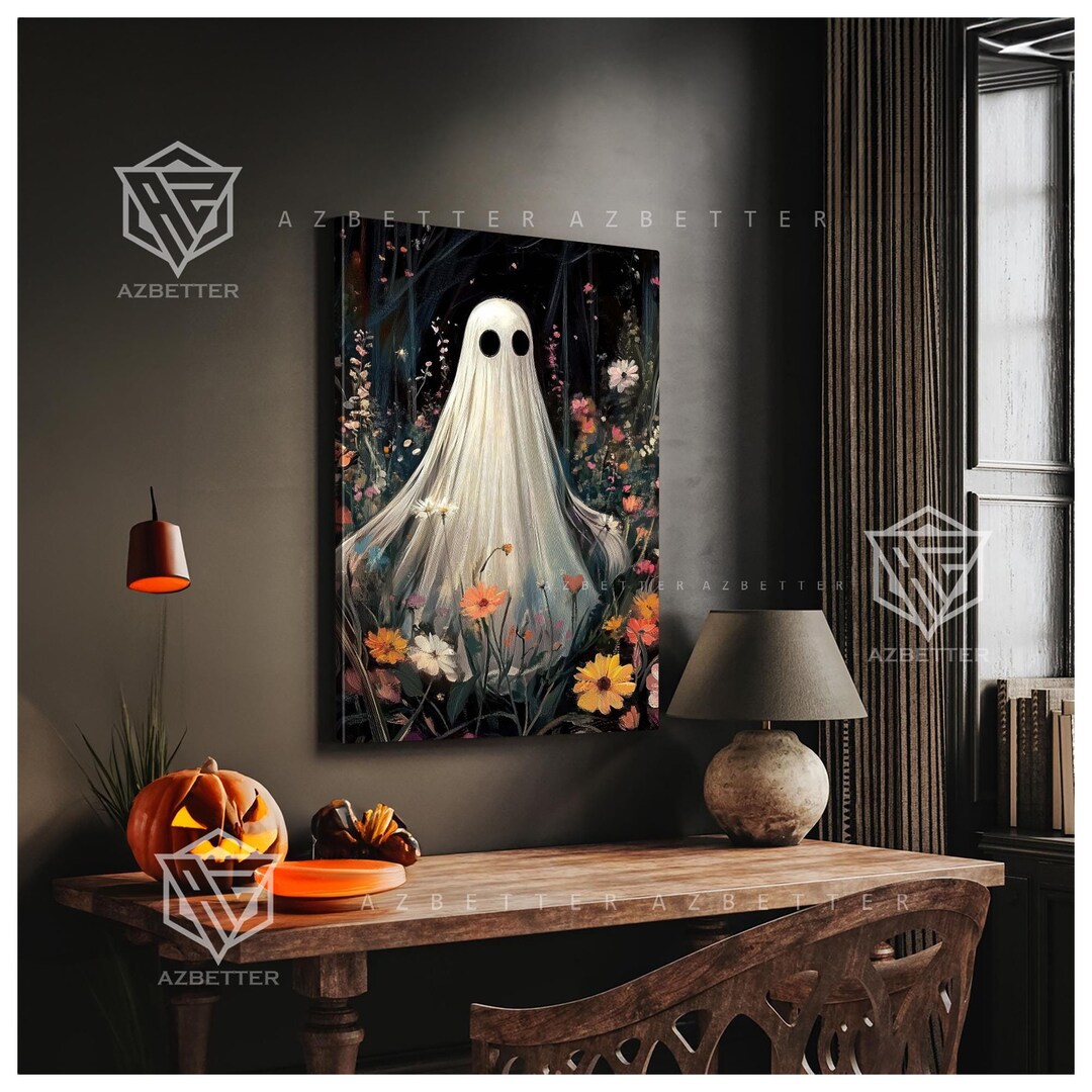 Spooky Halloween Wall Decor Ghost With Wildflower Canvas Print, Cute ...