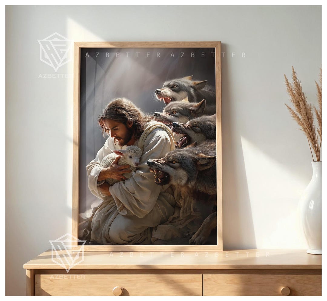 Jesus Hugging Lamb Surrounded by Wolves Wall Art, Christian Religious ...