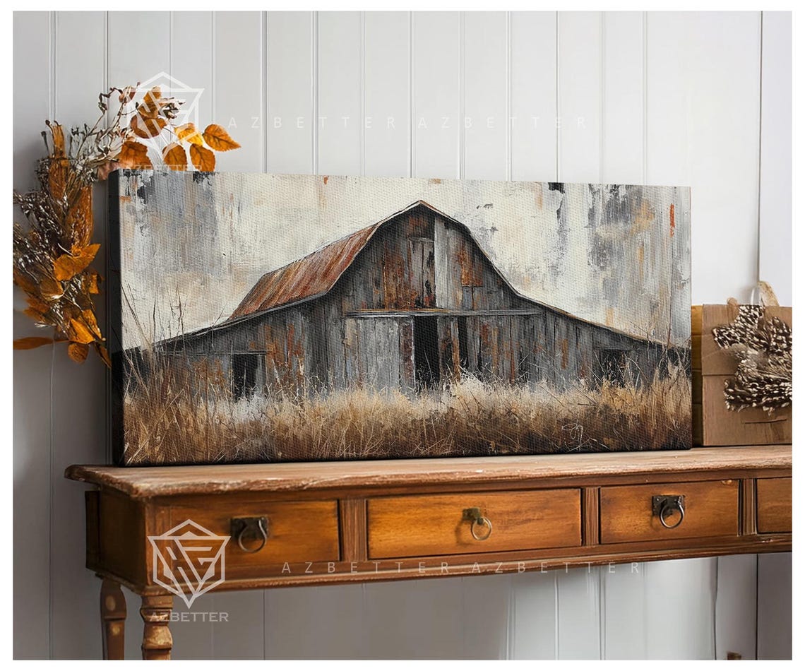 Rustic Barn Painting on Canvas, Modern Farmhouse Wall Art, Abstract ...