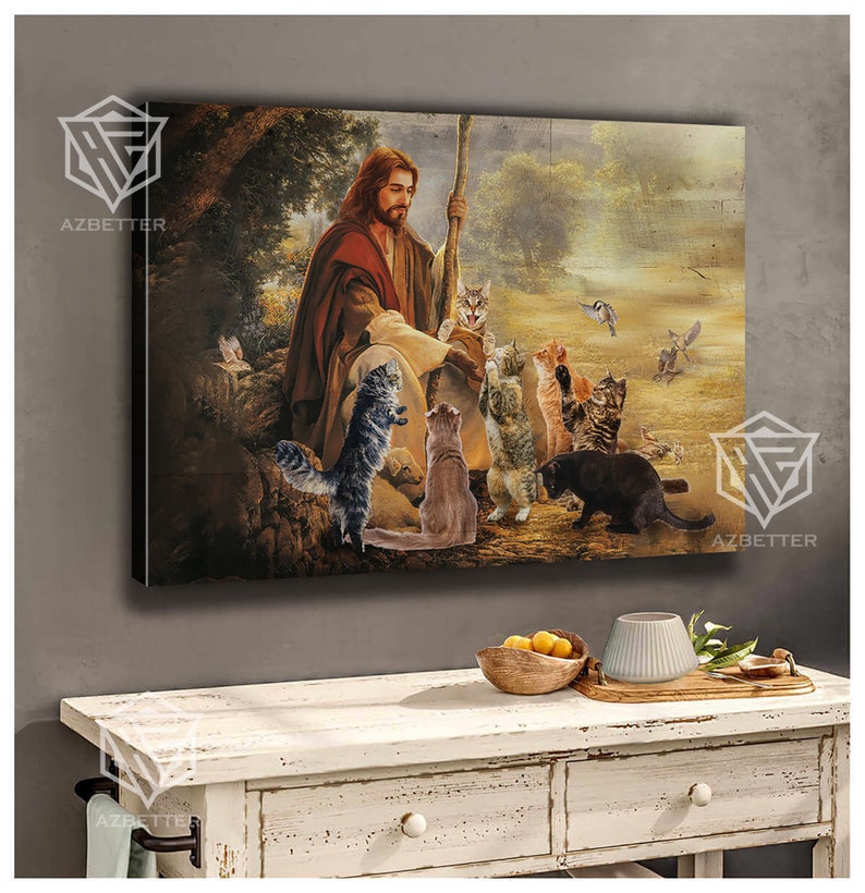 Cat Peaceful Life Surround Jesus Canvas, God Wall Art, Christian Home ...