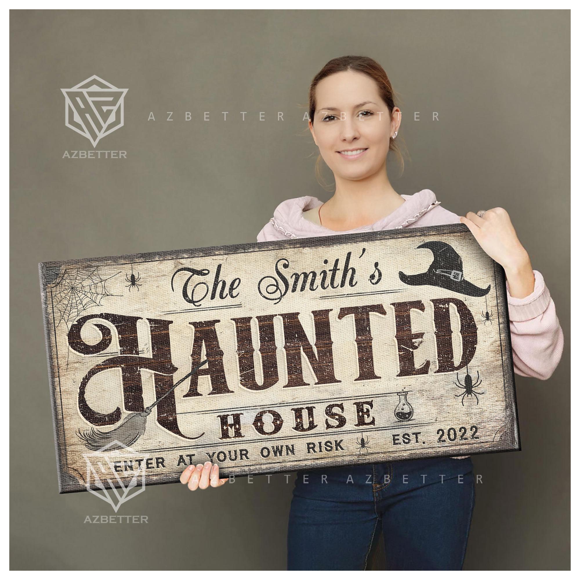 Personalized Haunted House Sign – Custom Family Name Halloween Canvas ...