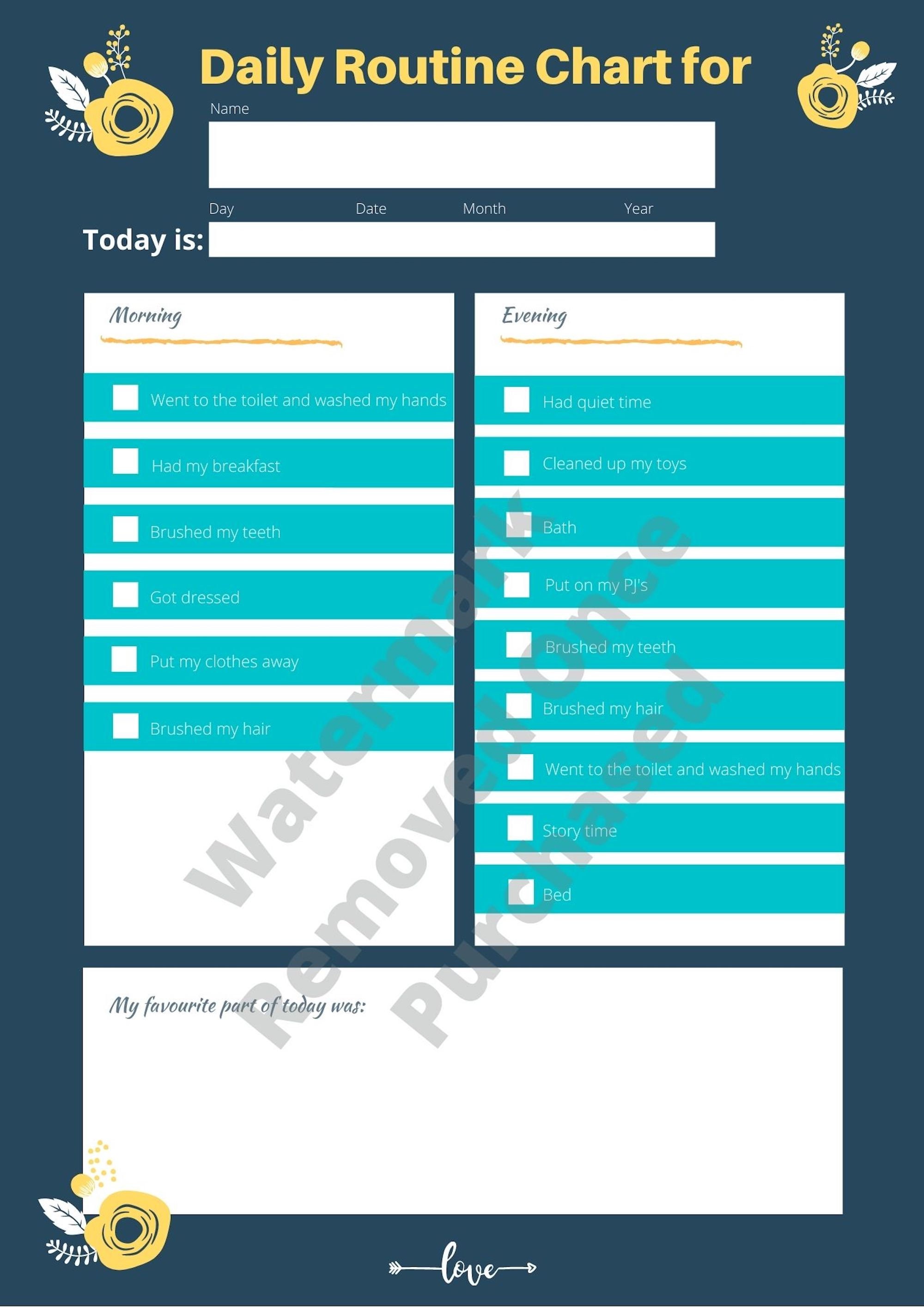 Kids Daily Routine Chart, Printable Chart, Fillable Chart, Chores Chart ...