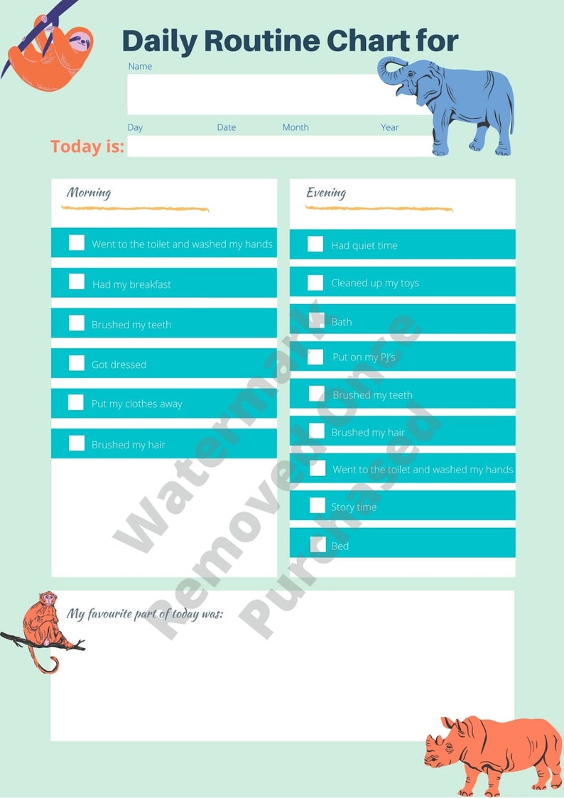 Kids Daily Routine Chart, Printable Chart, Fillable Chart, Chores Chart ...
