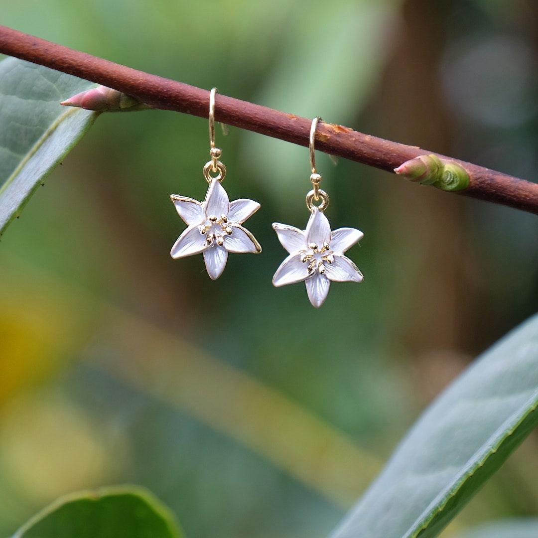 Lily White Flower Drop Hook Earrings, 14k Gold Plated - Etsy