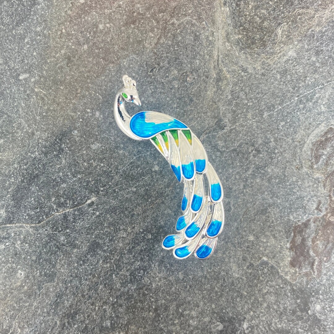 Peacock Blue Bird Brooch, Silver Plated - Etsy