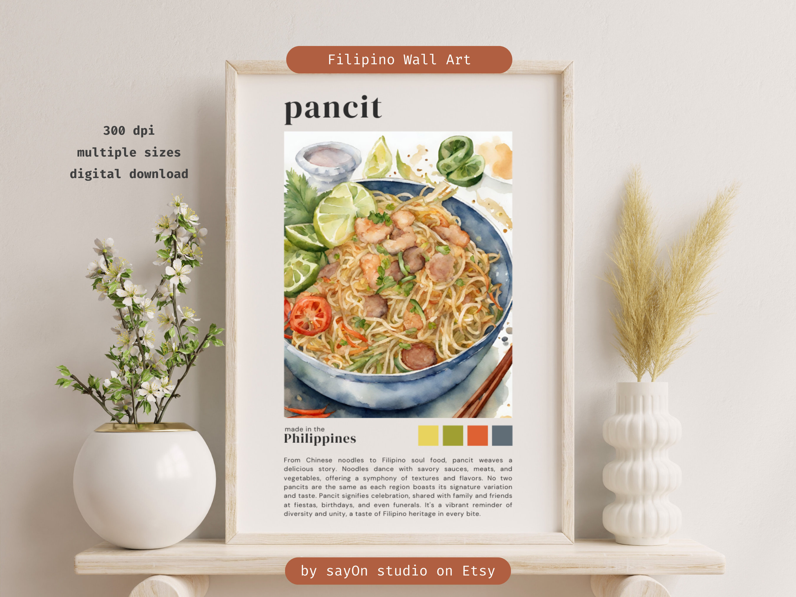 Filipino Pancit Noodle Watercolor Art Print: Kitchen Wall Decor ...