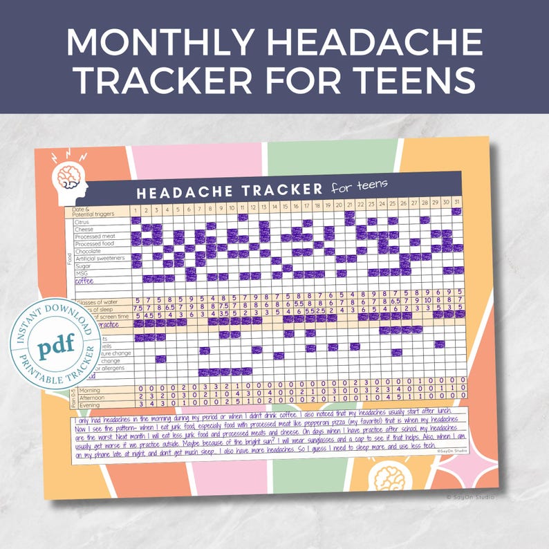Teen Headache Tracker: Monthly Migraine Diary (printable PDF) - Etsy