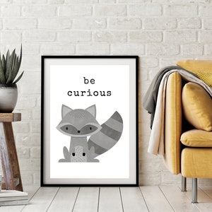 Printable Kids Decor | Be Curious | Raccoon | Animal Theme Printable ...