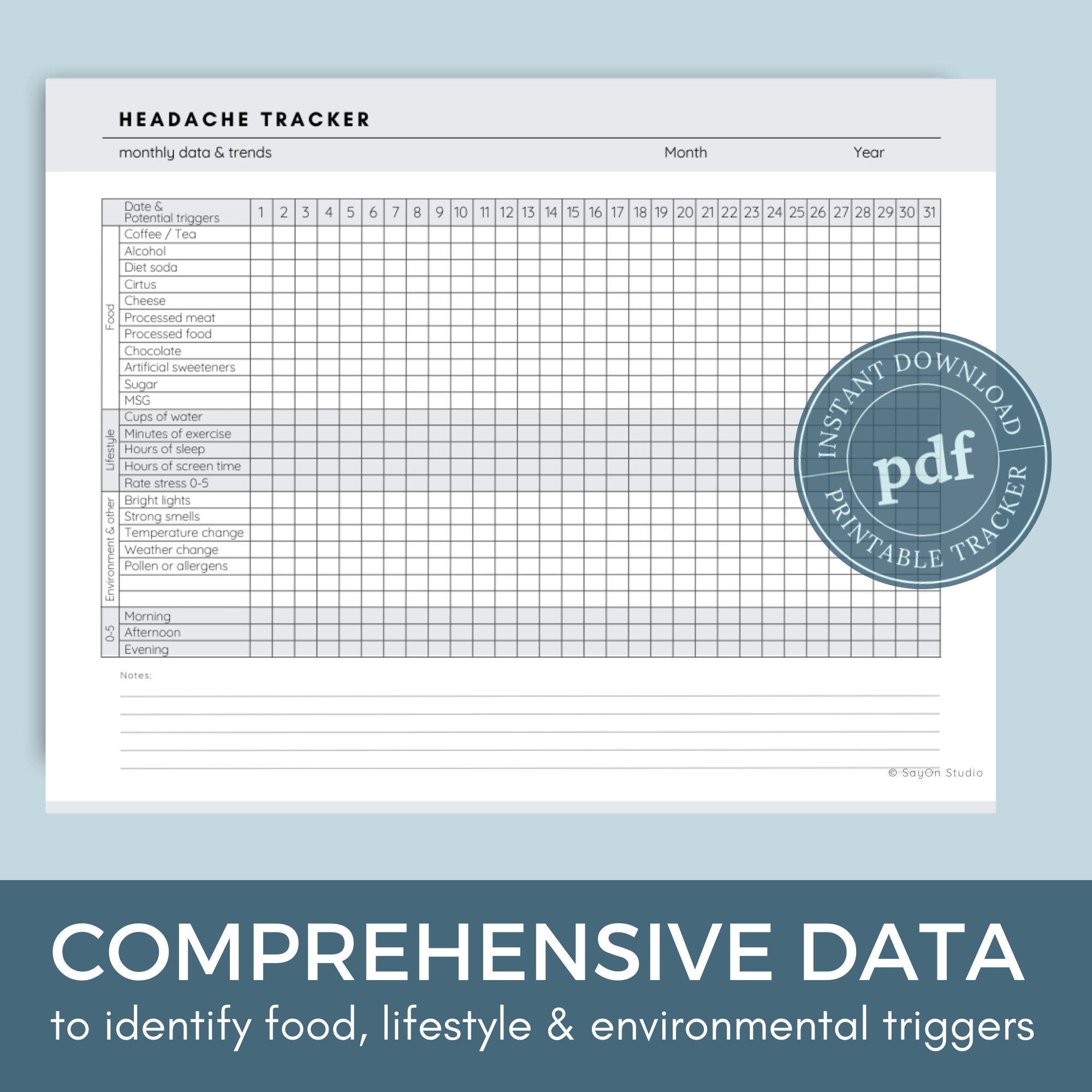 Headache & Migraine Trigger Tracker: Monthly Journal (printable PDF) - Etsy
