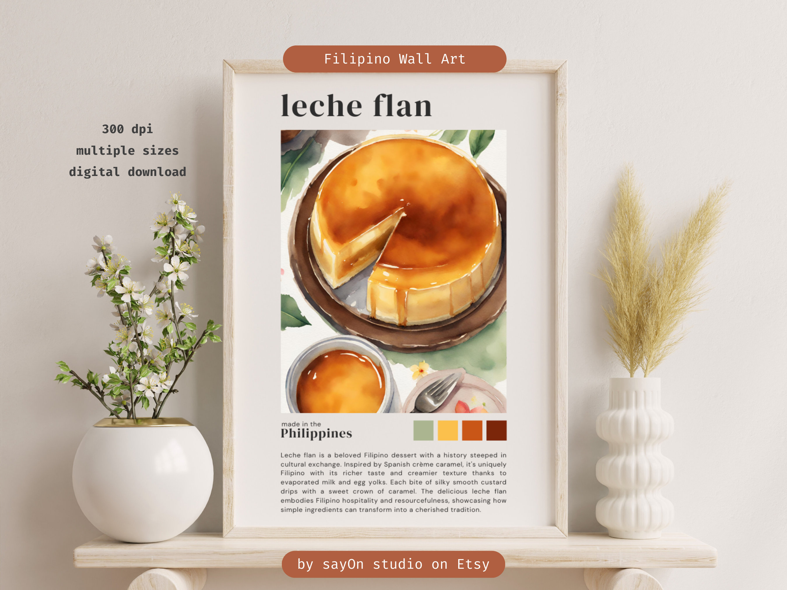 Filipino Leche Flan Poster Watercolor Philippines Food Wall Art Custard ...