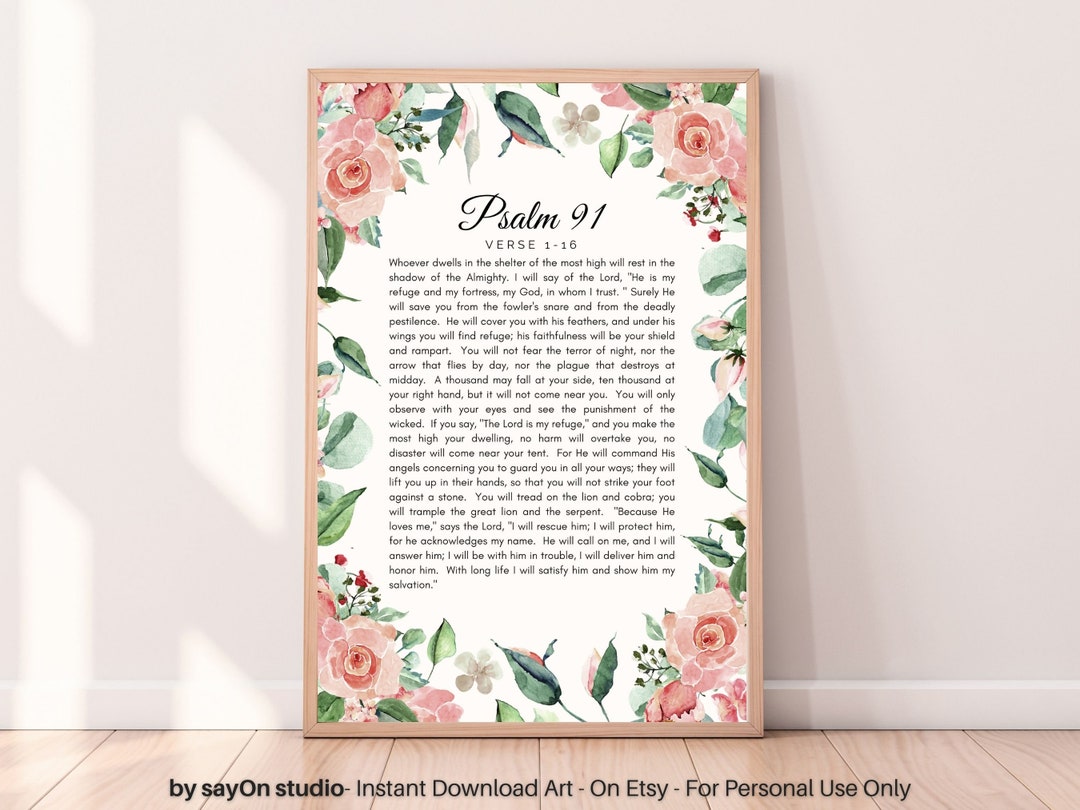 Psalm 91 Printable Poster With Pink Blush Floral Margins Religious Wall ...
