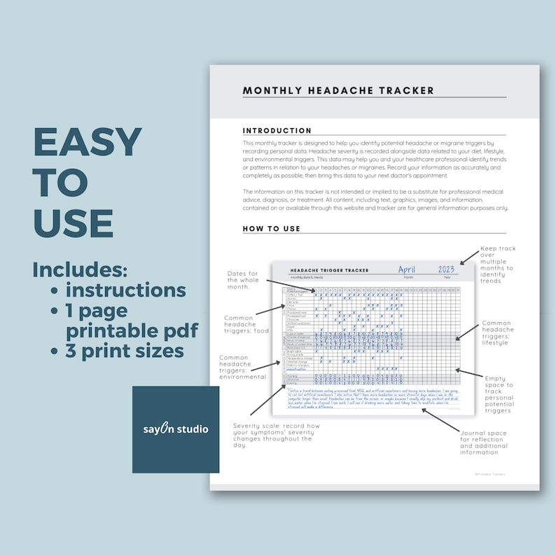 Headache & Migraine Trigger Tracker: Monthly Journal (printable PDF) - Etsy