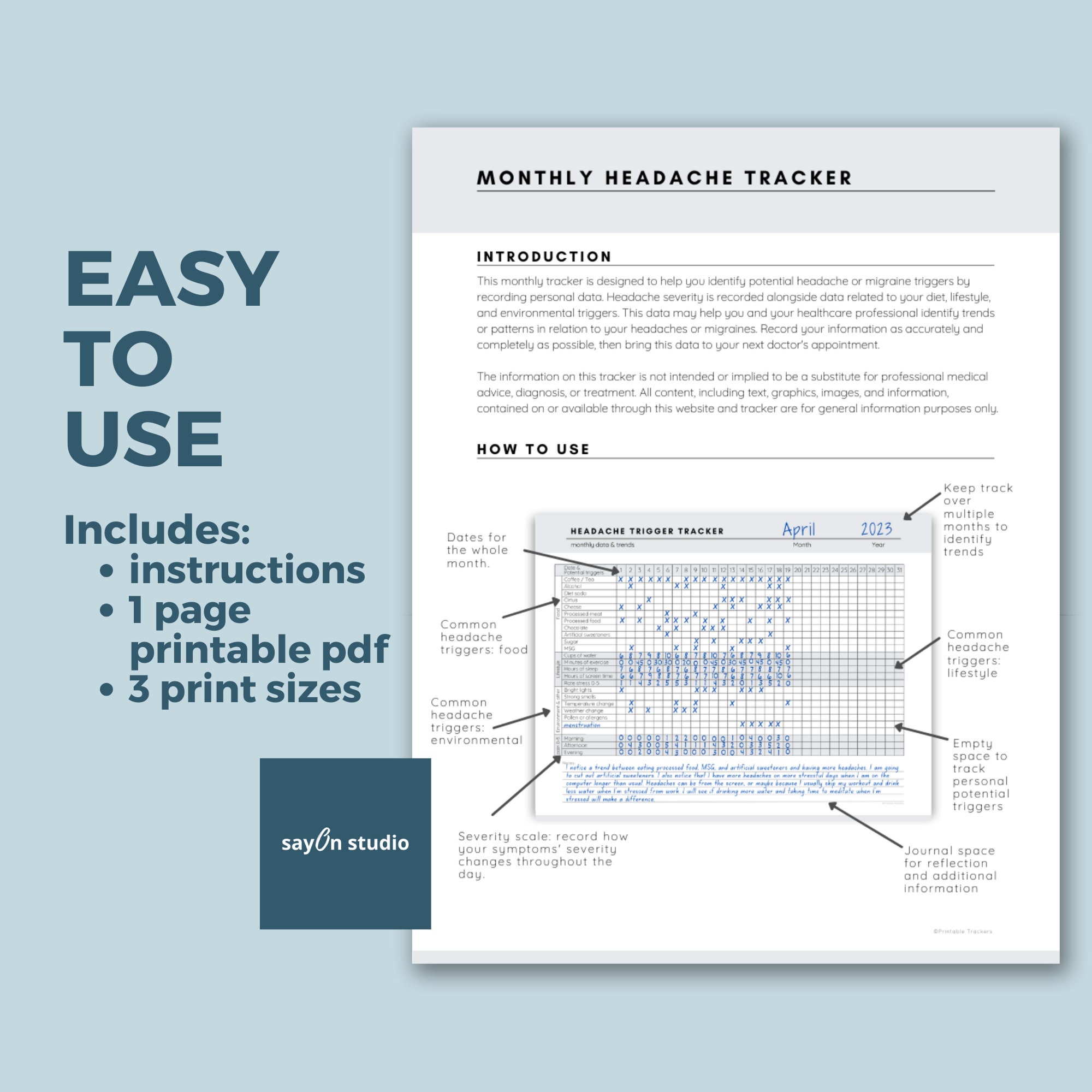 Headache & Migraine Trigger Tracker: Monthly Journal (printable PDF) - Etsy