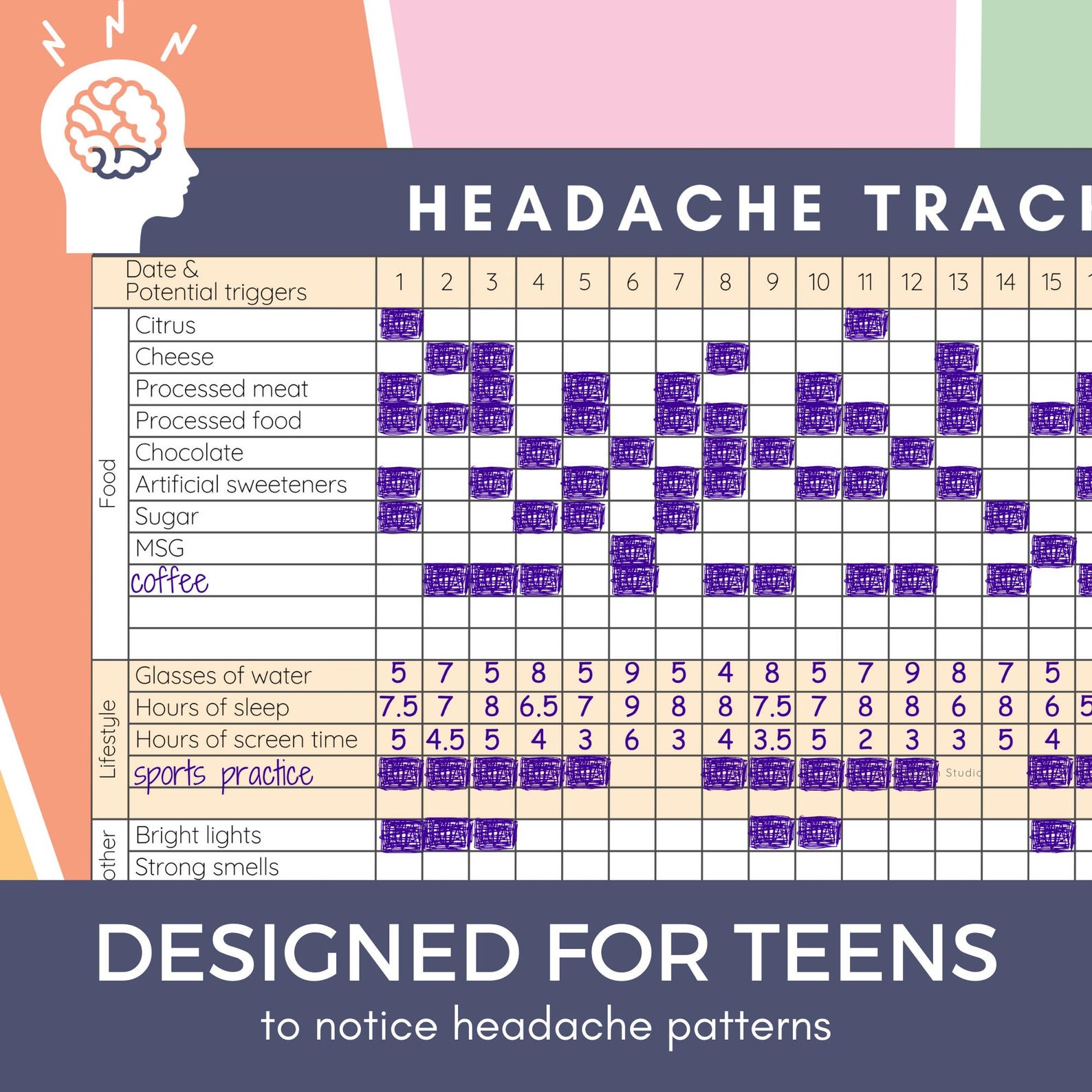 Teen Headache Tracker: Monthly Migraine Diary (printable PDF) - Etsy