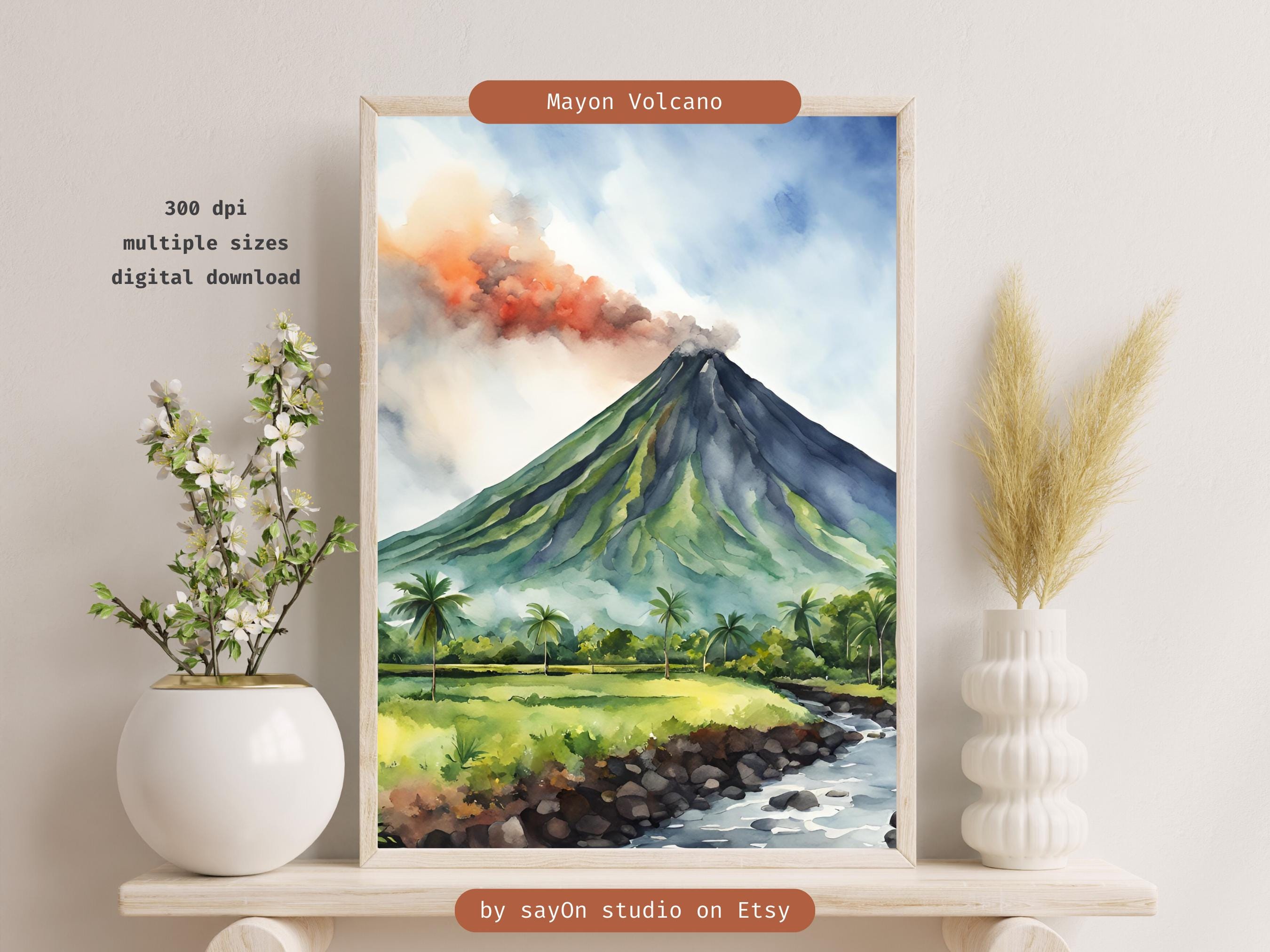 Mayon Volcano Watercolor Painting: Philippine Landscape Art (digital ...